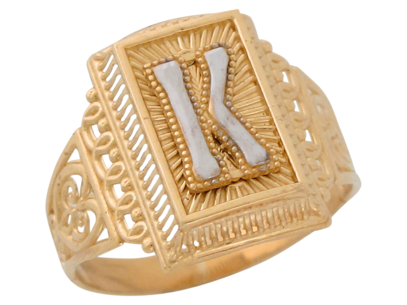 10k or 14k Two Tone Gold Letter K Filigree Band Ladies Rectangular ...