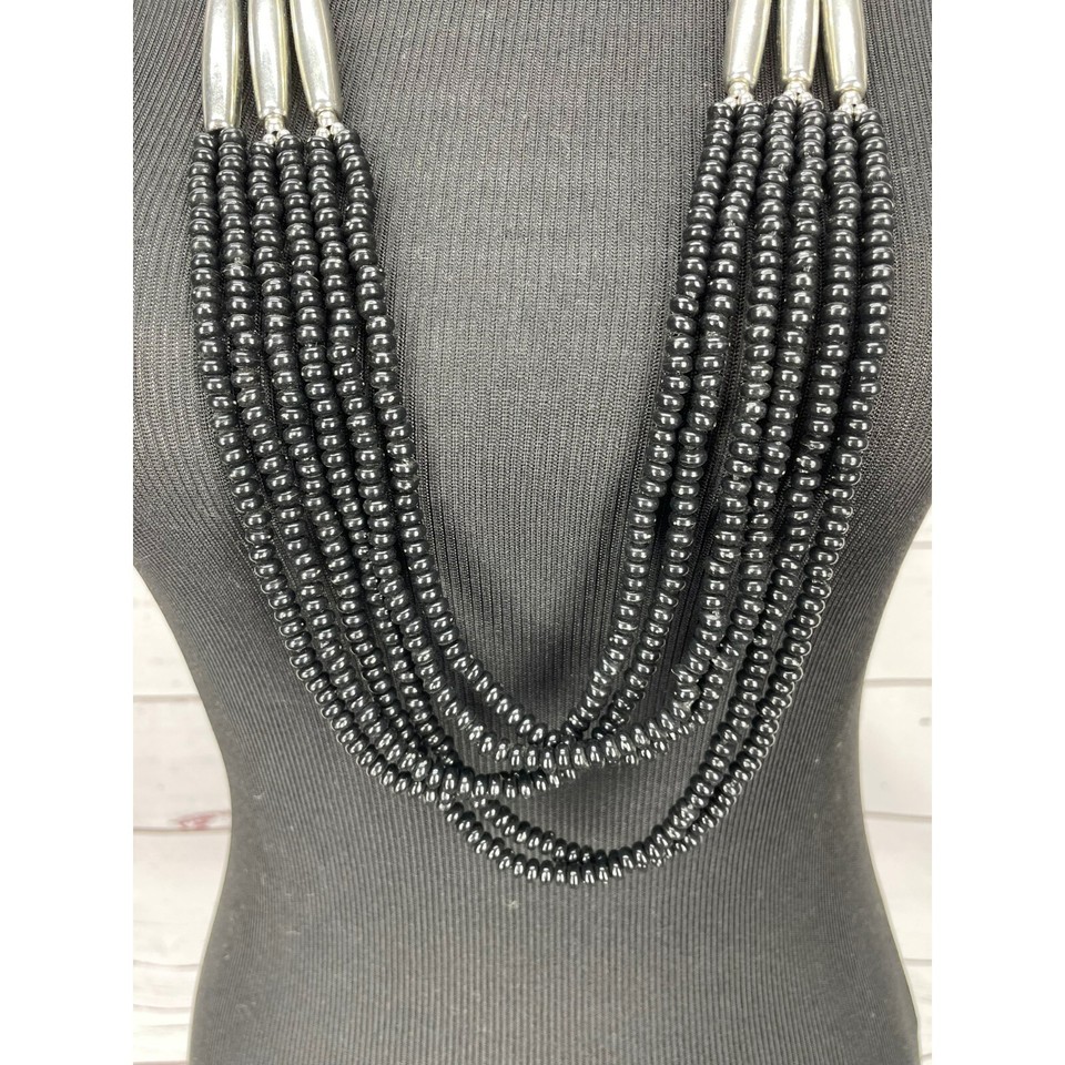 Handmade Vintage Black Silver Beaded Multi Layered Long Necklace | eBay UK