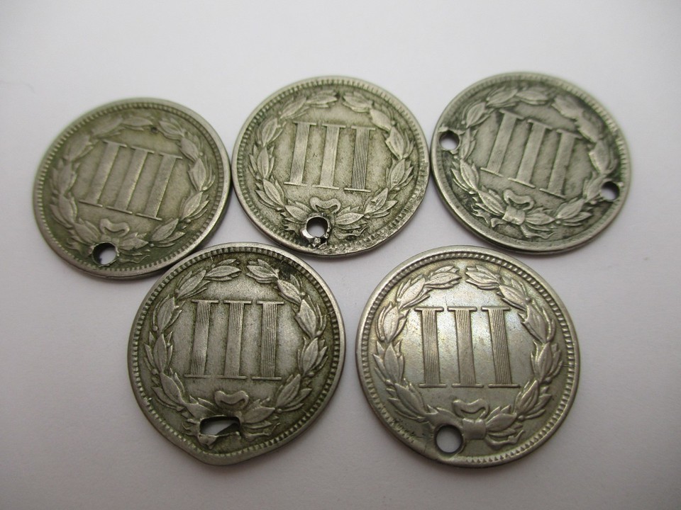 Lot of 5 Nickel 3 Cent Pieces -5x 1865, all holed lot 14C | eBay