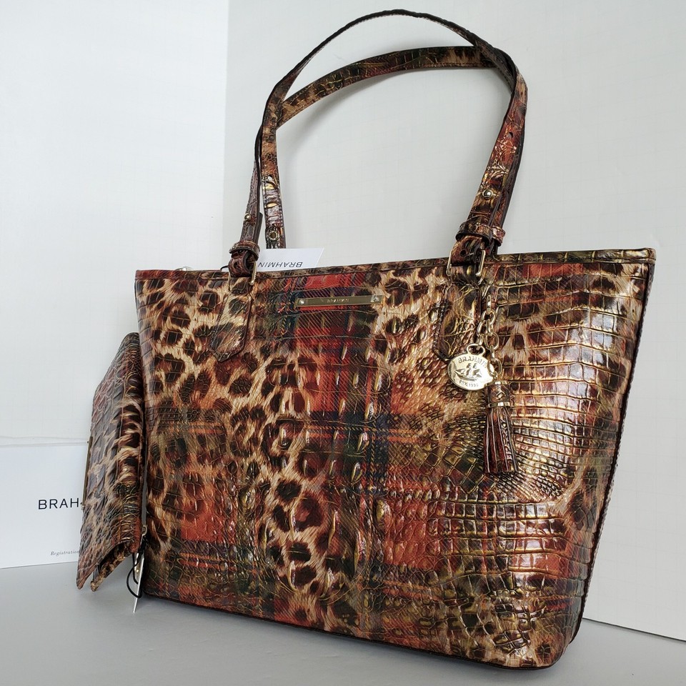 🌹Brahmin Medium Asher Tote Leopard Tartan Leather Shoulder Bag + Wallet ...