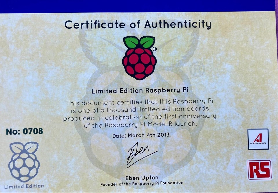 Limited Edition Raspberry Pi Blue Model B Rev 2 with Cert (Number 708 ...