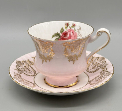 Paragon Fancy Pink & Gold Cup & Saucer Rose Scroll Made in England Bone ...