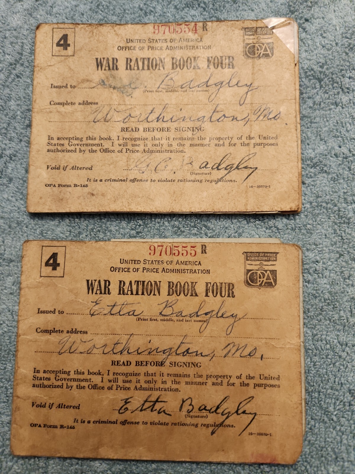 1943 War Ration Books No. 4 Two Consecutive numbered books. (Selling ...