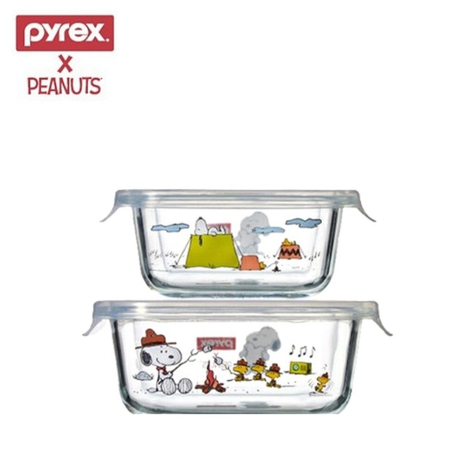 Pyrex Peanuts Snoopy Glass Storage Heat Resistant Containers Square 2p ...