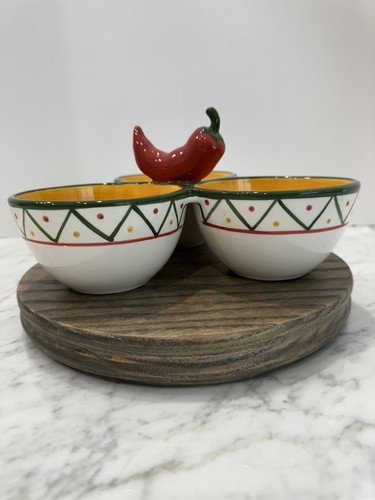 Clay Art Chili Peppers Salsa Dip 3 Part Condiment Server w/ Pepper ...