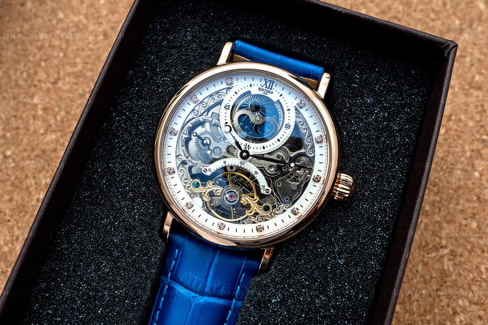 Mens Dual Time Flywheel Automatic Mechanical Watch Rose Gold Blue ...