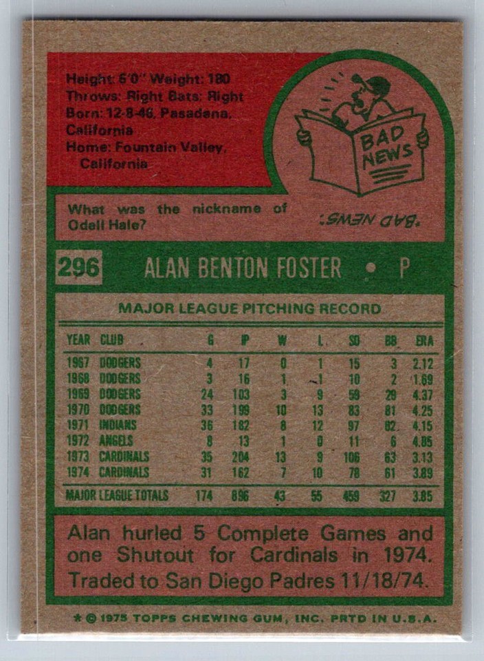 Alan Foster 1975 Topps Baseball #296 St. Louis Cardinals | eBay