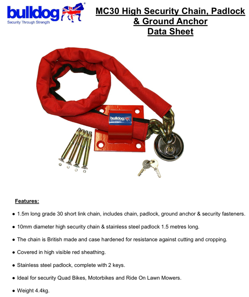 New 1.5M Long Bulldog MC30 Hardened Security Chain With Padlock ...