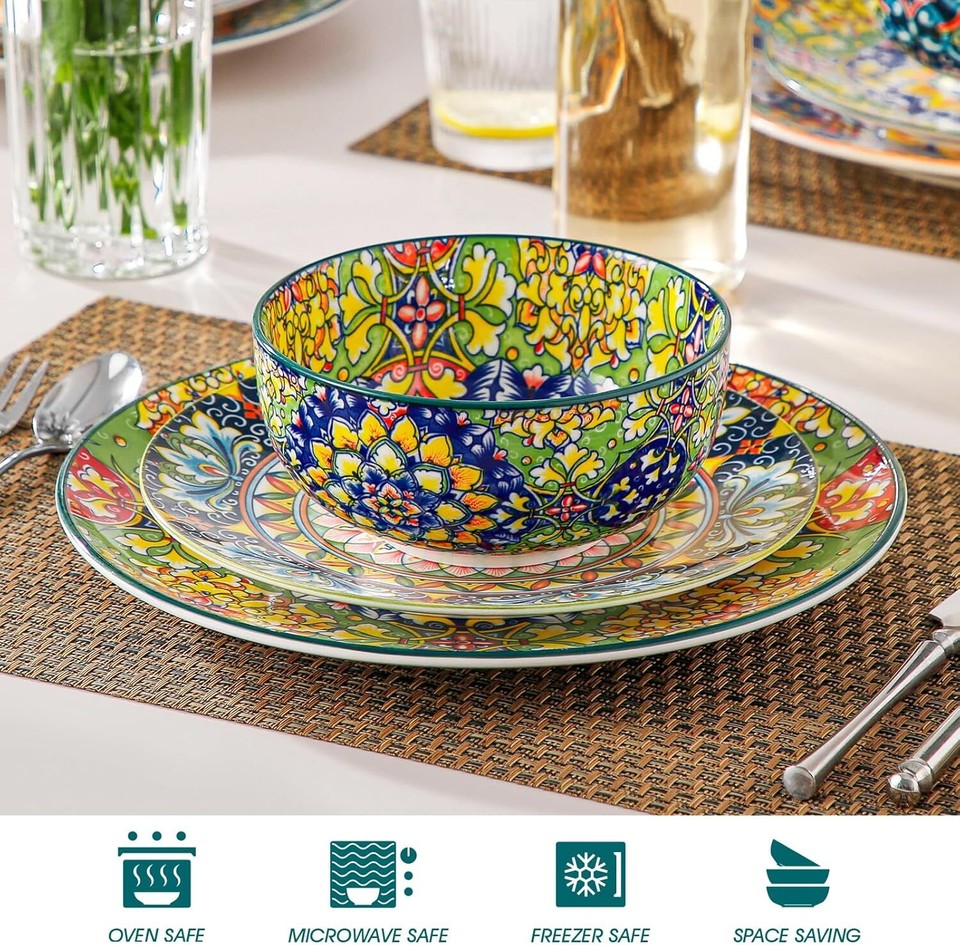 Cereal Bowls Set of 6, Bohemian Ceramic Soup Bowls, 28 oz Colorful ...