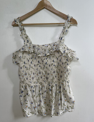 Old Navy Womens LT Cream White Smock Chest Tank Top Ruffle Floral Print ...