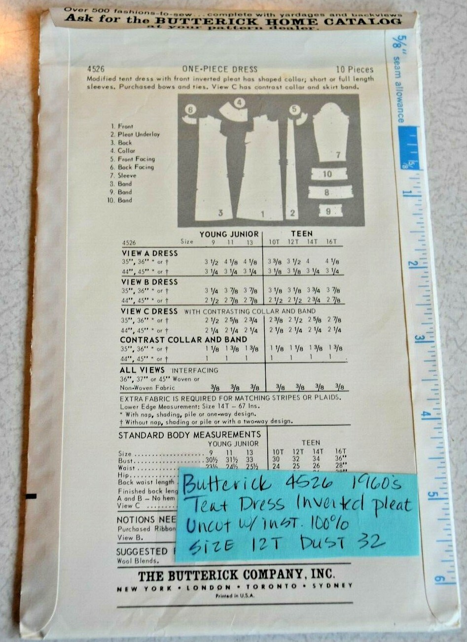 1960's Butterick Pattern #4526 Uncut Tent Dress Inverted Pleat Size 12T ...