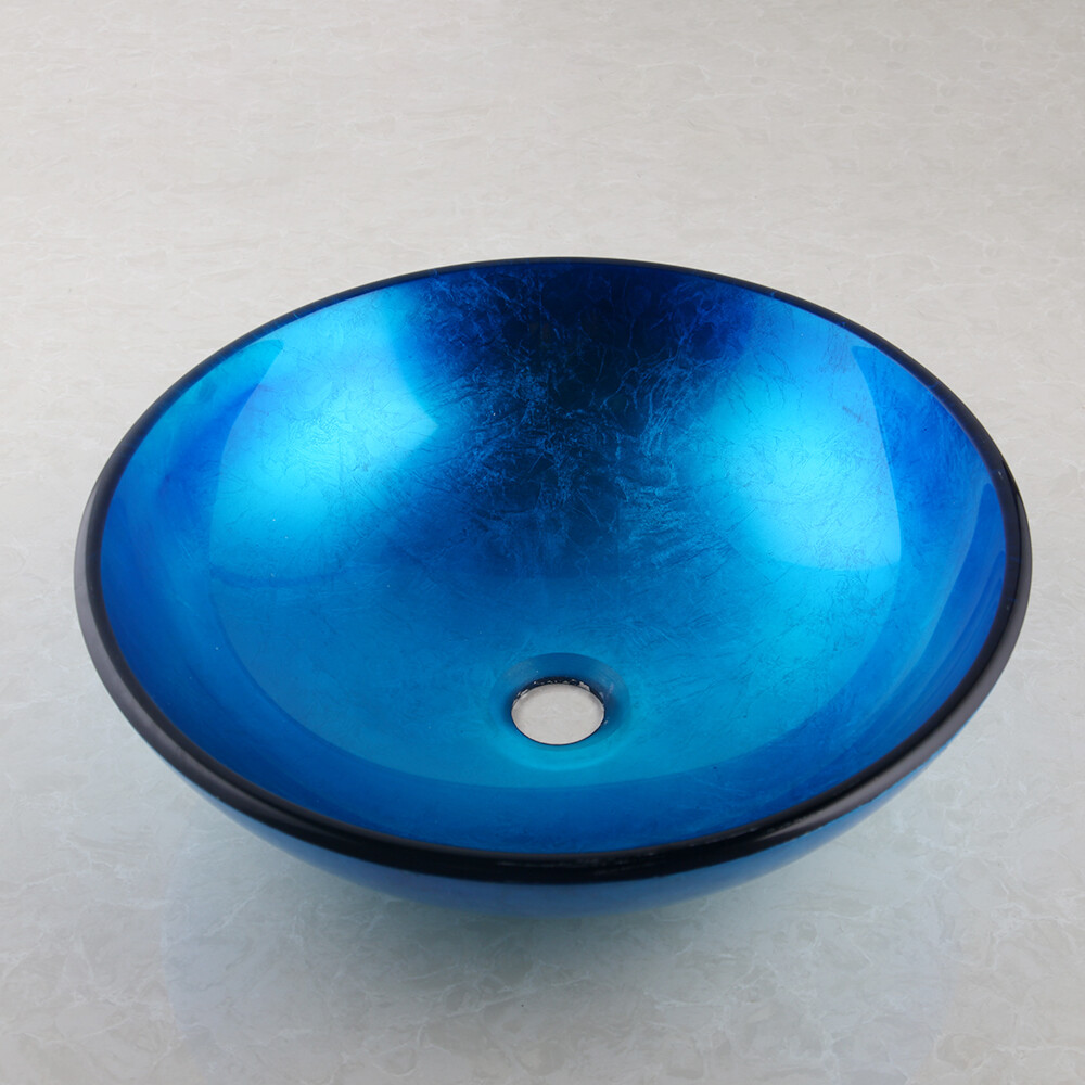 US Blue Bathroom Round Tempered Glass Basin Sink Chrome Mixer Faucet ...
