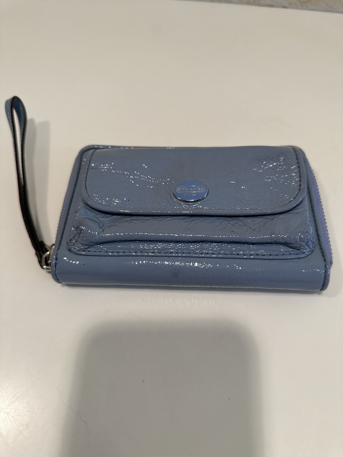 COACH SKY BLUE PATTEN LEATHER WRISTLET ID/CC/COINS/BILLS FULL ZIP SNAP ...