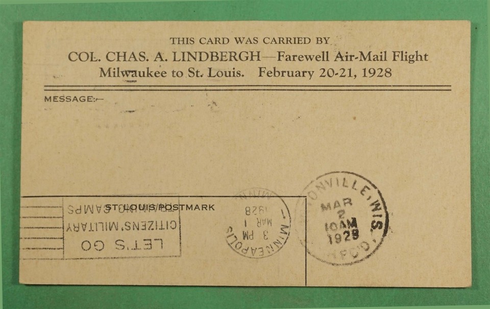 DR WHO 1928 FIRST FLIGHT LINDBERGH MILWAUKEE WI TO ST LOUIS MO POSTCARD ...