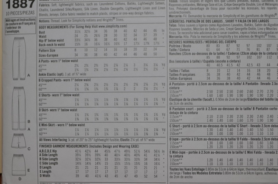 Simplicity 1887 misses pants, shorts, skirt pattern Sizes 16-24 NEW ...