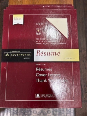 NIB Southworth 100% Cotton Resume Paper 100 Ivory Wove 24 lb 8.5" x 11 ...