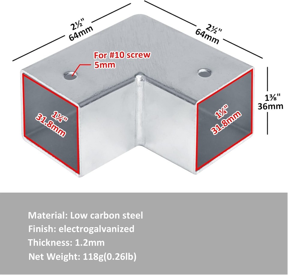 12 Pcs 1-1/4" Square Tube Connector, 2 Way L Square Tube Corner Joint ...