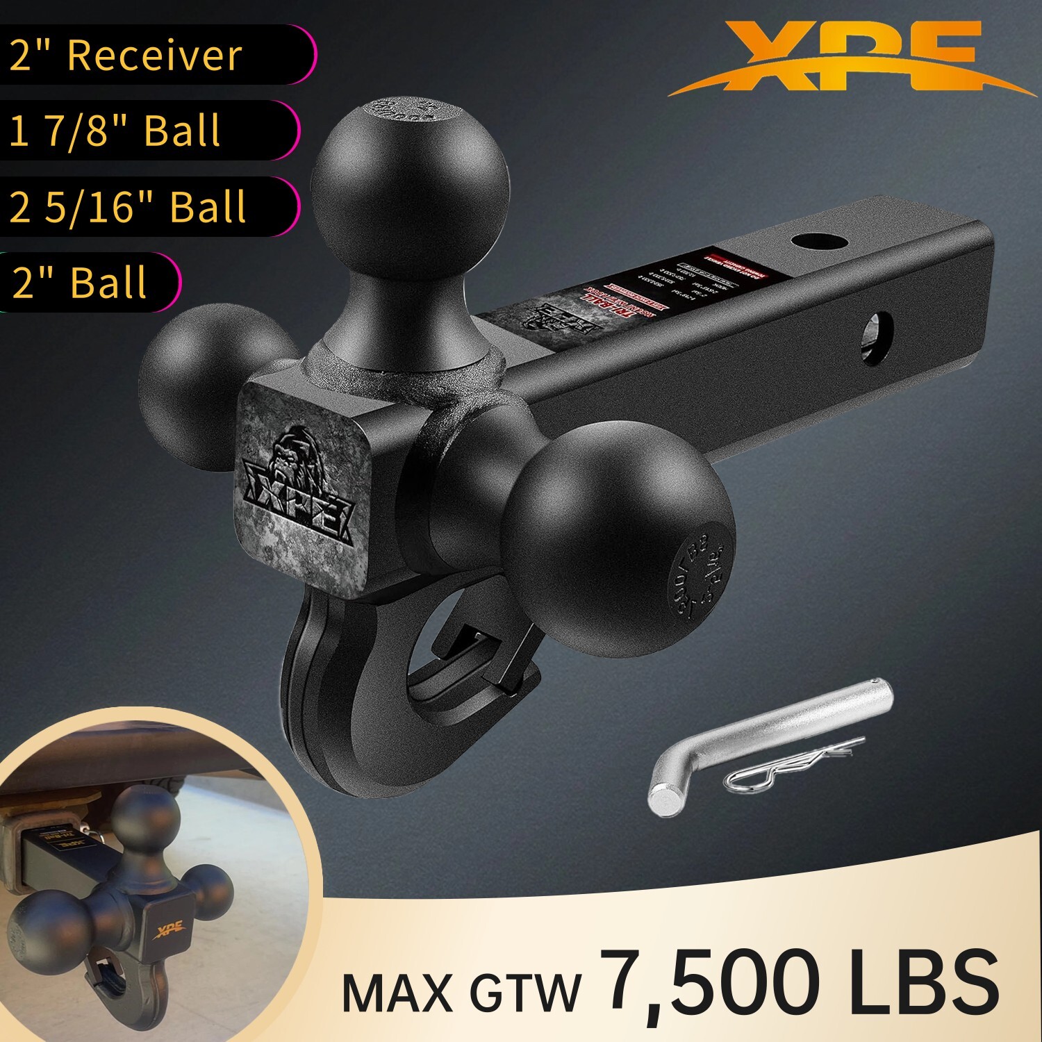 2 Trailer Hitch Tri Ball Mount With Hook 1 7 8 2 2 5 16 Black 10
