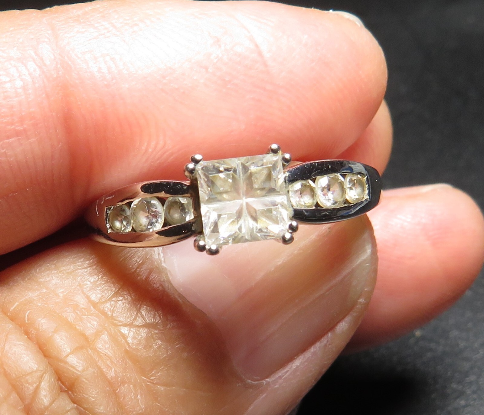 Sterling Silver CZ Diamond Square Head Set Shoulders Ring Size O 1/2 ...