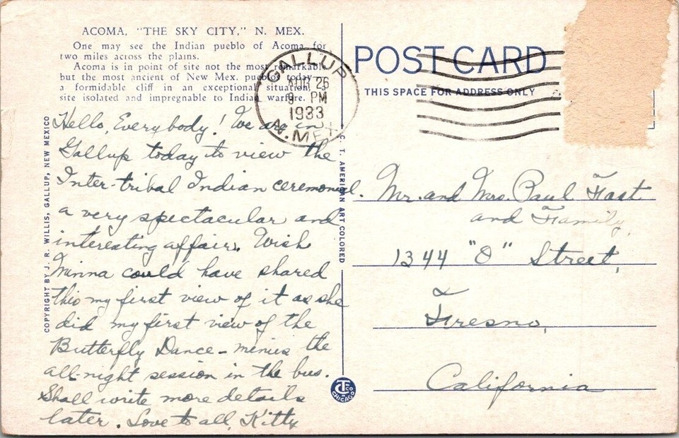 AcomaThe Sky City New Mexico Vintage White Border Postcard Artist J.R ...