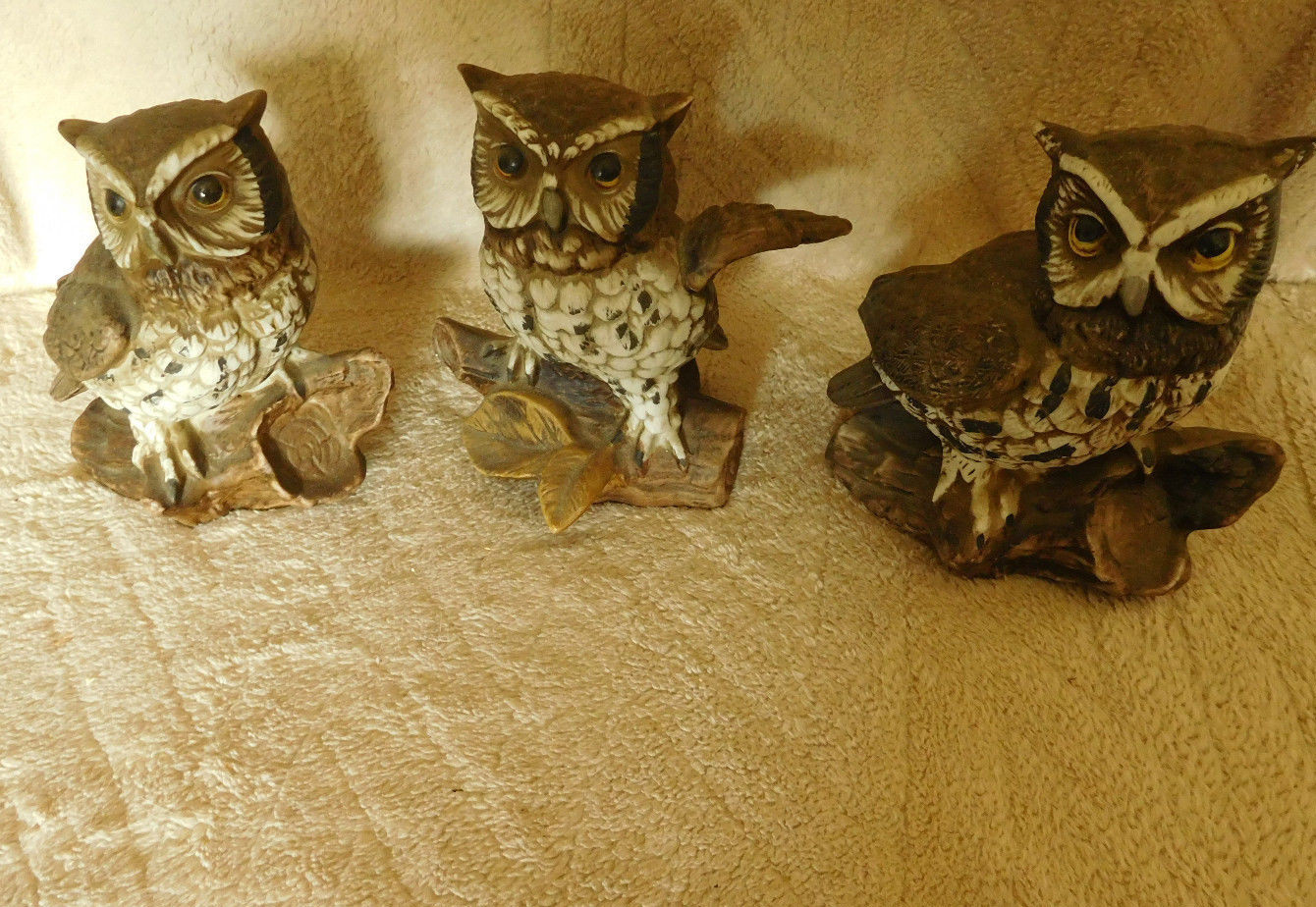 3 Vtg. CERAMIC OWLS Figurines ~ Homco Crossed Sword Logos & 1114 ~5 ...