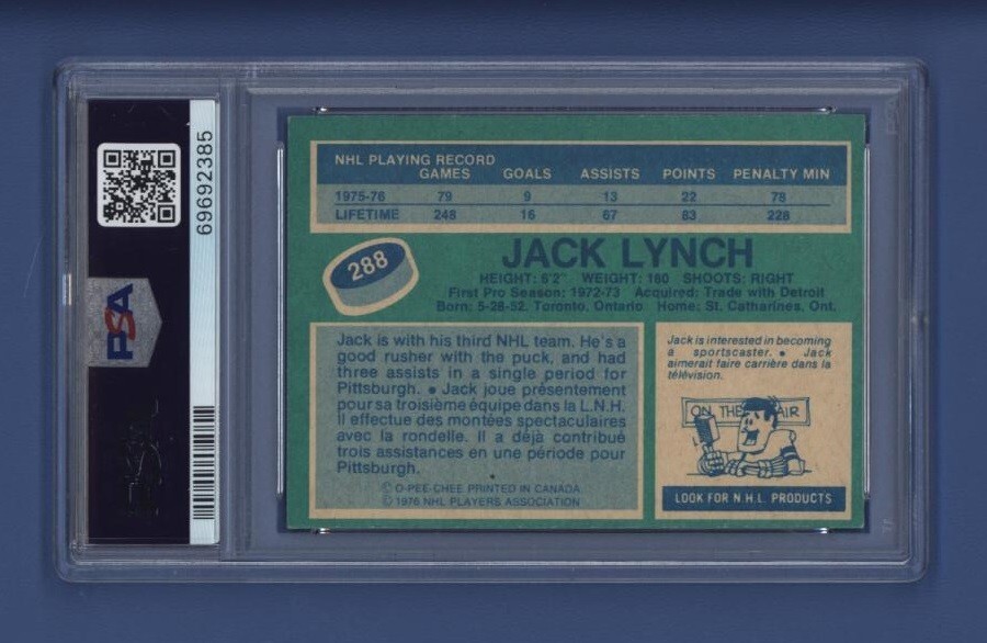 1976-77 OPC O-Pee-Chee #288 JACK LYNCH PSA 8 NM-MT Washington Capitals ...