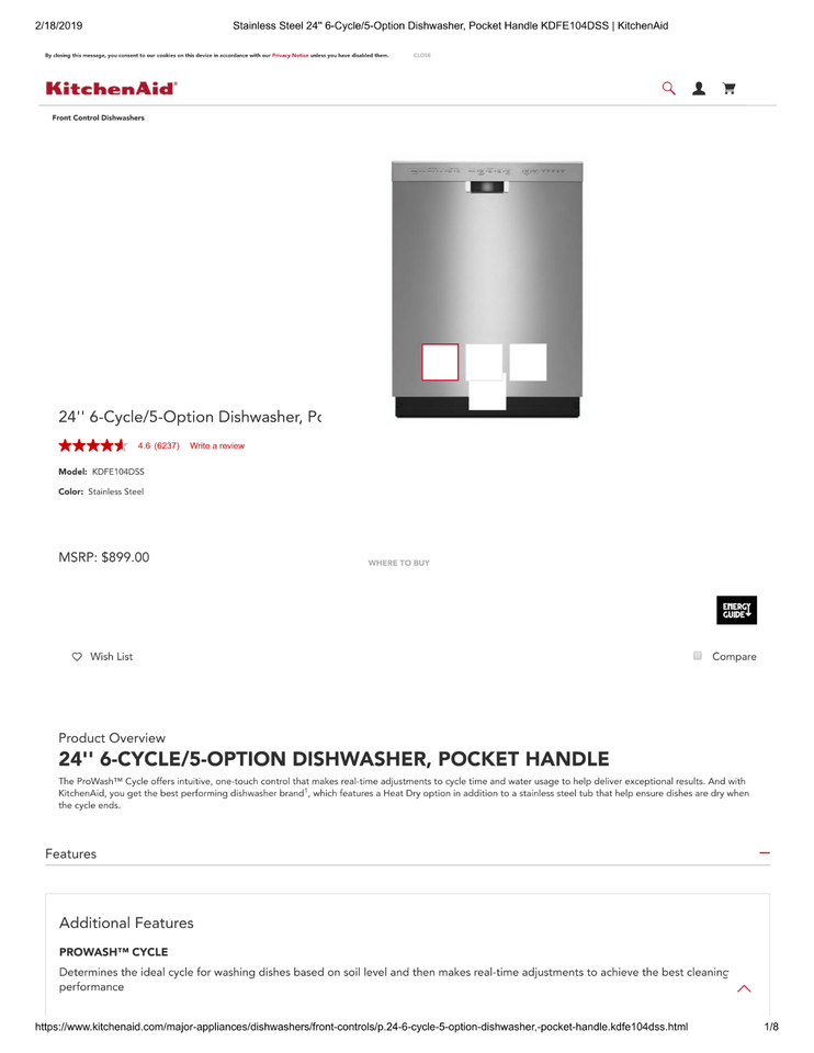 KitchenAid KDFE104DSS 24" Stainless Fully Integrated Dishwasher | eBay