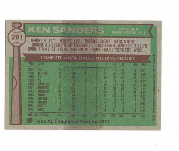 Ken Sanders New York Mets Pitcher #291 Topps 1976 #Baseball Card | eBay