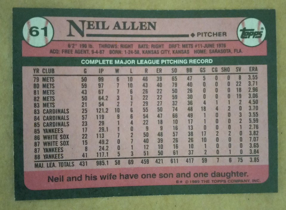 1989 Topps NEIL ALLEN Baseball Card #61. NEW YORK YANKEES . | eBay