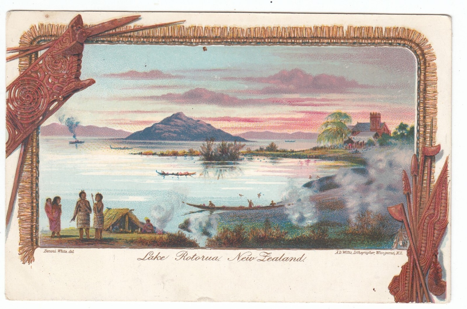 Lake Rotorua New Zealand EARLY Lithograph Postcard c1902 Wellington to ...