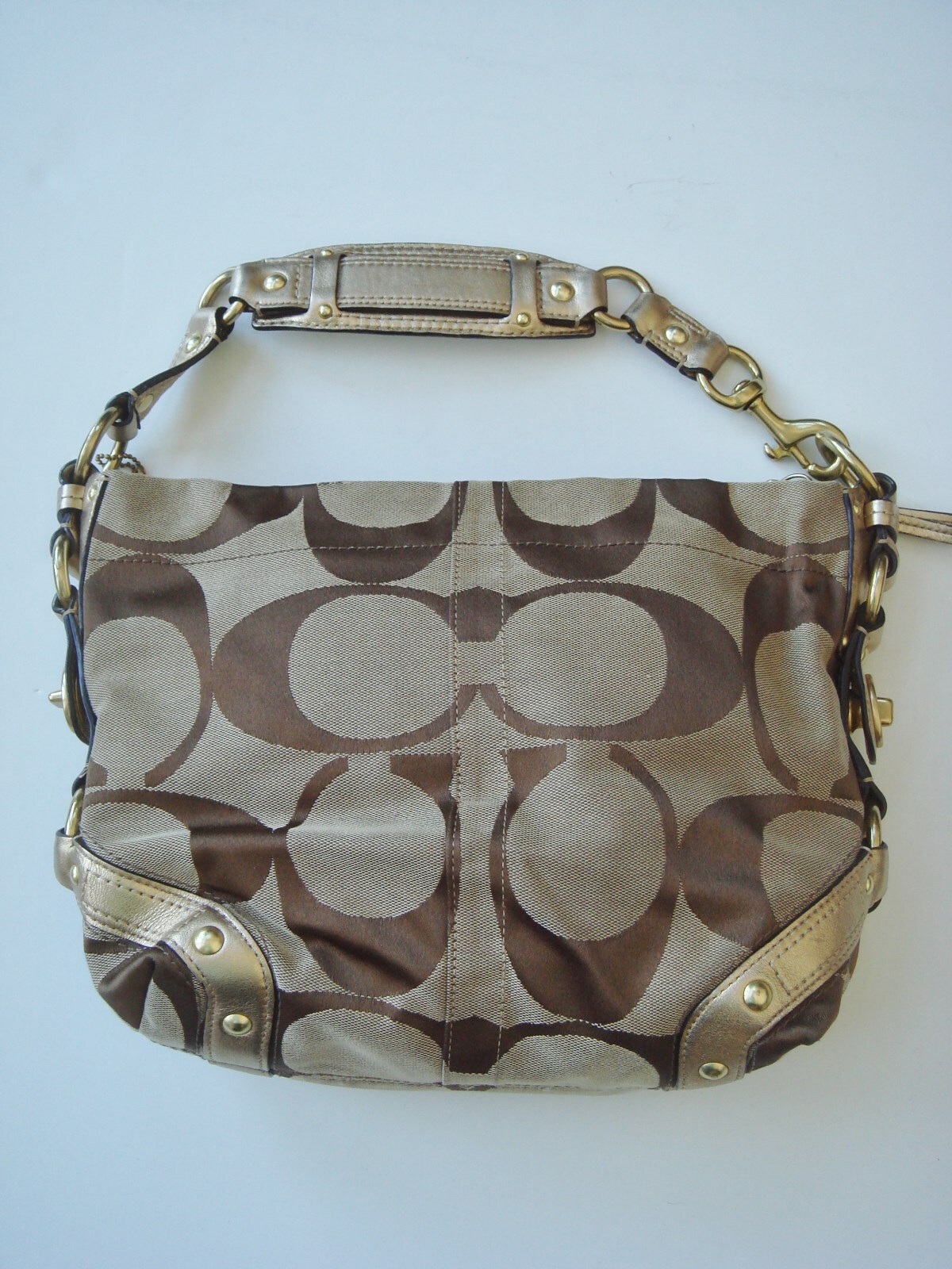 COACH Tan Khaki Signature Canvas and gold Metallic Leather Handbag ...