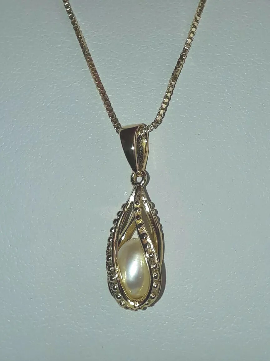 925 STERLING SILVER 14K YELLOW GOLD PLATED LAB CREATED PEARL PENDANT ...