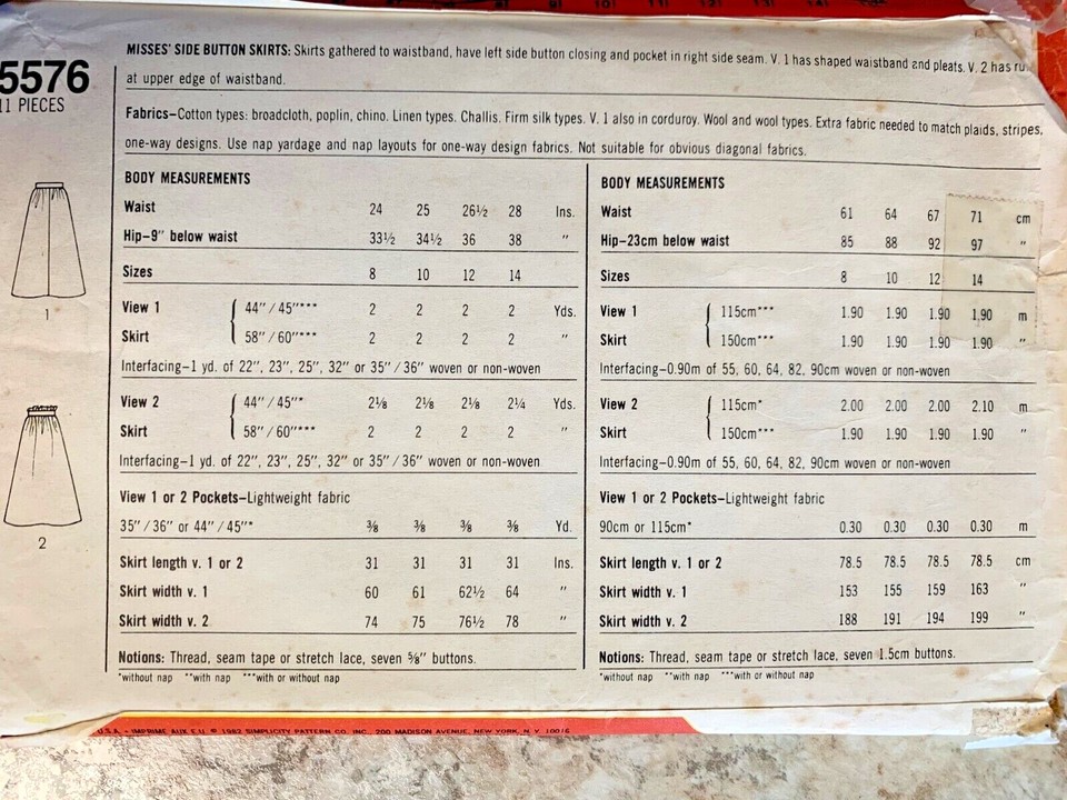 Simplicity Vintage Sewing Pattern Skirt Size 10 Misses #5576 Uncut New ...