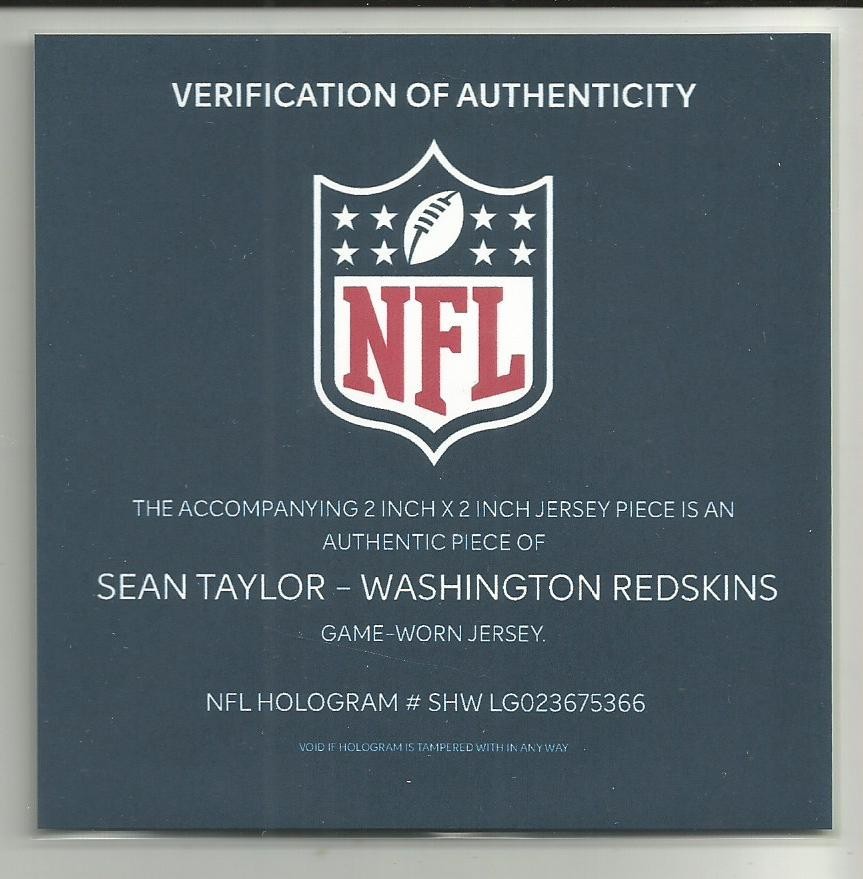 Sean Taylor Washington Redskins Game Worn Jersey Patch - NFL ...