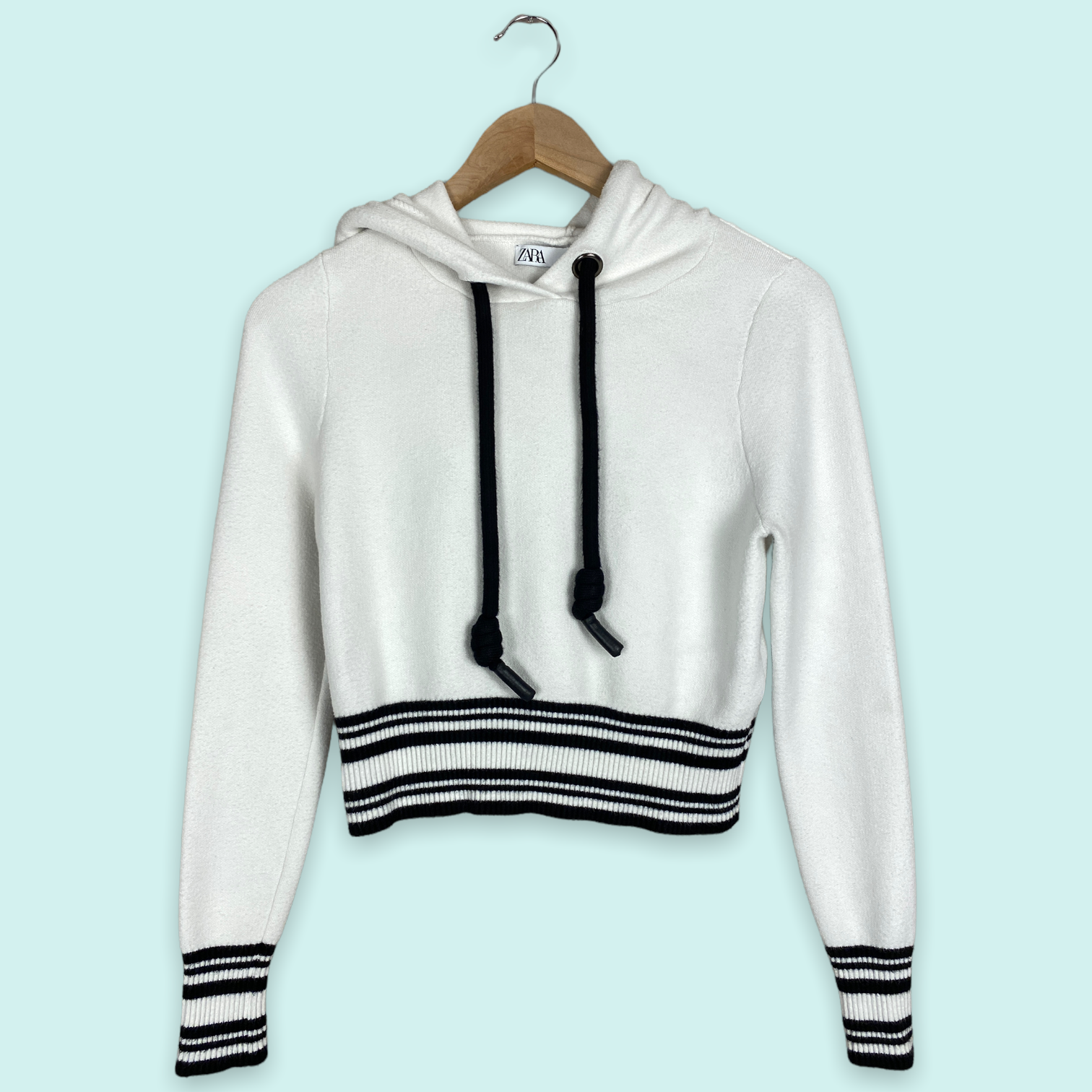 Zara Cropped Leather Drawstring Accent Ribbed Cuff Hoodie | eBay