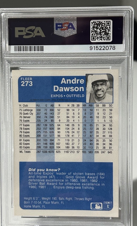 1984 Fleer Andre Dawson PSA 10 Gem Mint! Expos Cubs HOF! | eBay