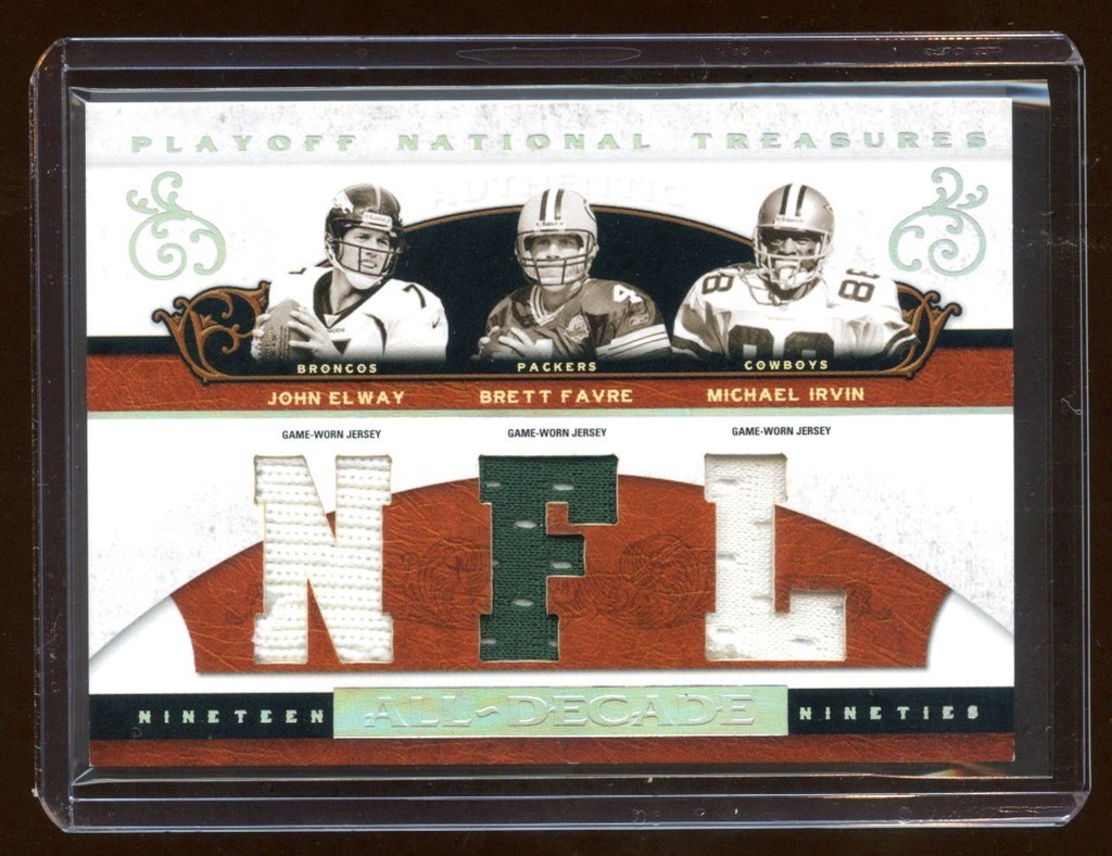 2007 NATIONAL TREASURES JOHN ELWAY-BRETT FAVRE-MICHAEL IRVIN TRIPLE ...