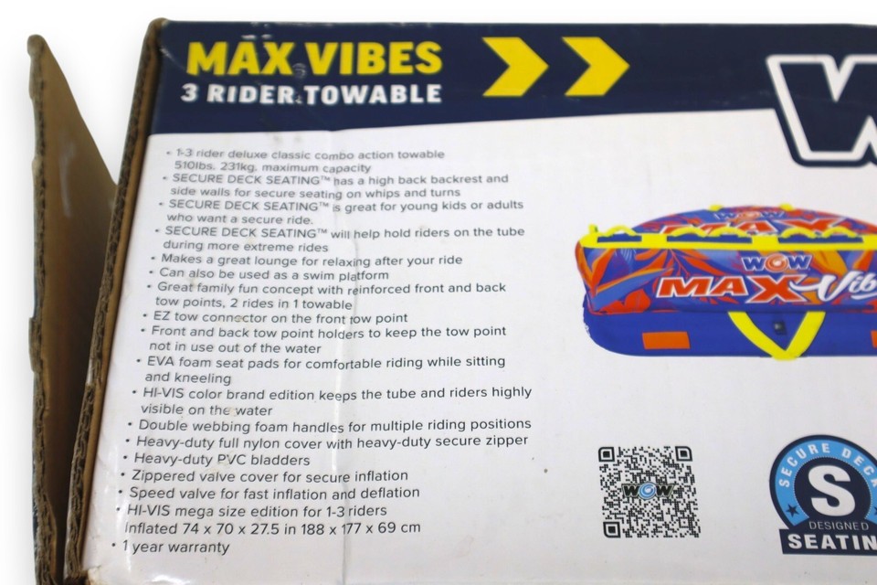 WOW Sports - Max Vibes Inflatable Towable Tube - 1-3 Rider | eBay