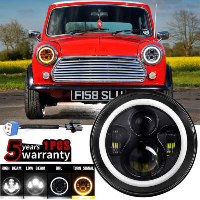 7'' Round Black LED Headlight Halo DRL Hi/Lo Beam for Classic Mini ...