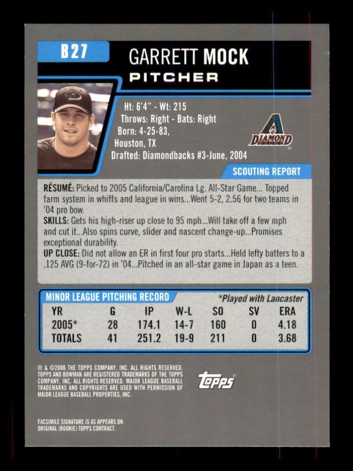 2006 Baseball Bowman Garrett Mock Arizona Diamondbacks #B27 Gold 2 | eBay