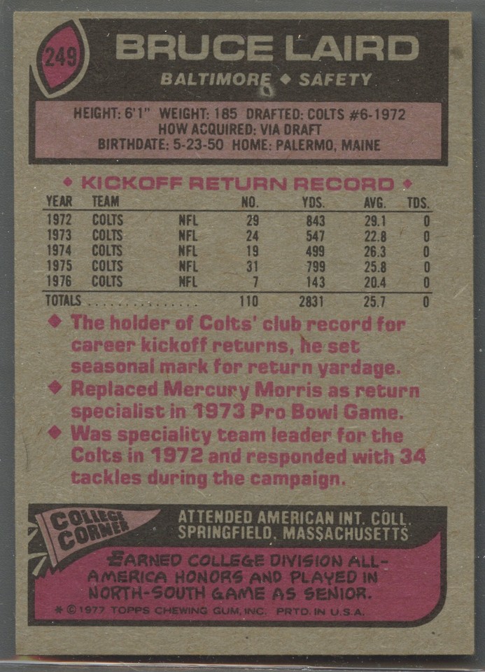 1977 Topps #249 Bruce Laird Baltimore Colts | eBay