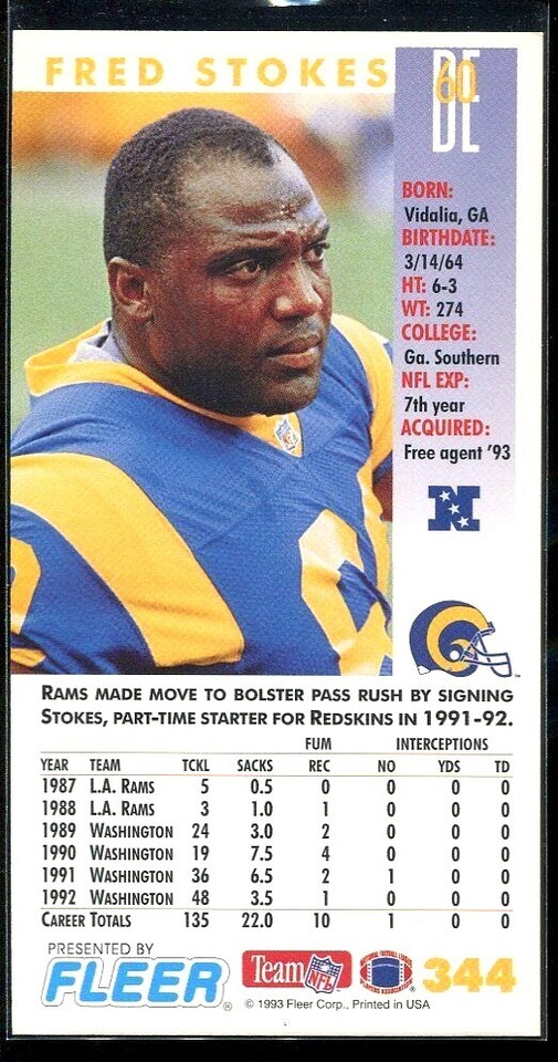 1993 Fleer Game Day Tall Boy Fred Stokes #344 Los Angeles Rams | eBay