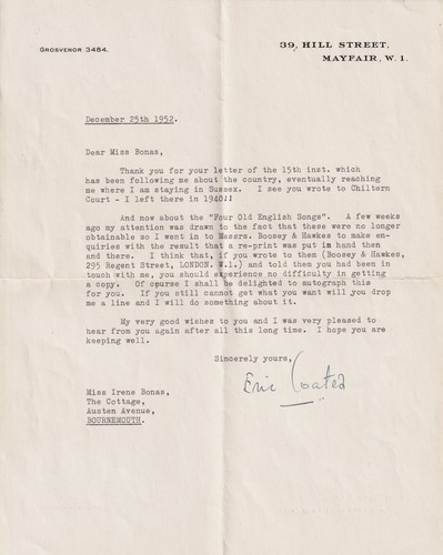 ERIC COATES Composer Autographed Score & Autographed Letter Signed 1952 ...