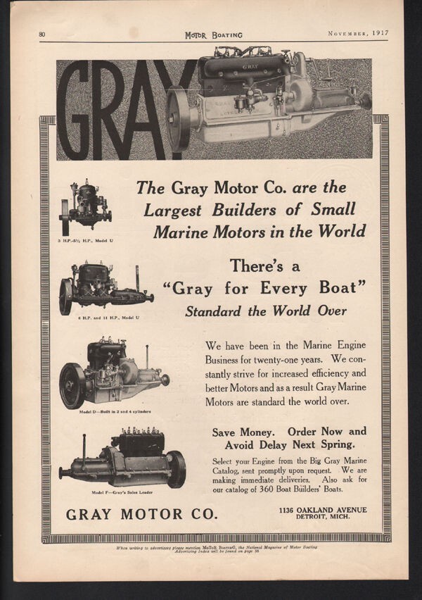 1917 GRAY INBOARD BOAT MOTOR ENGINE NAUTICAL MARINE MODEL D F H.P ...
