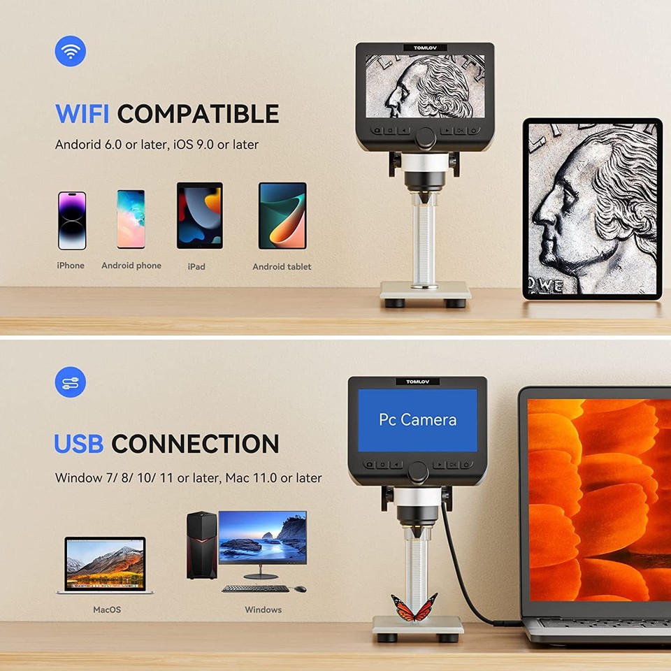 TOMLOV Wireless Digital Microscope USB Coin Microscope Cam 1000x ...
