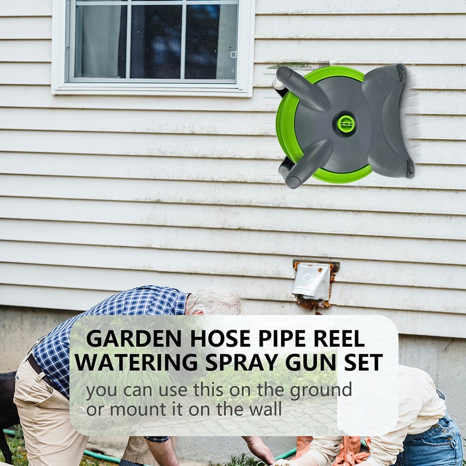 20M GARDEN HOSE PIPE & COMPACT WALL REEL FITTINGS SET STANDING WALL ...