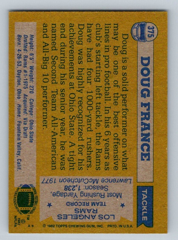 Doug France #375 1982 Topps Los Angeles Rams | eBay