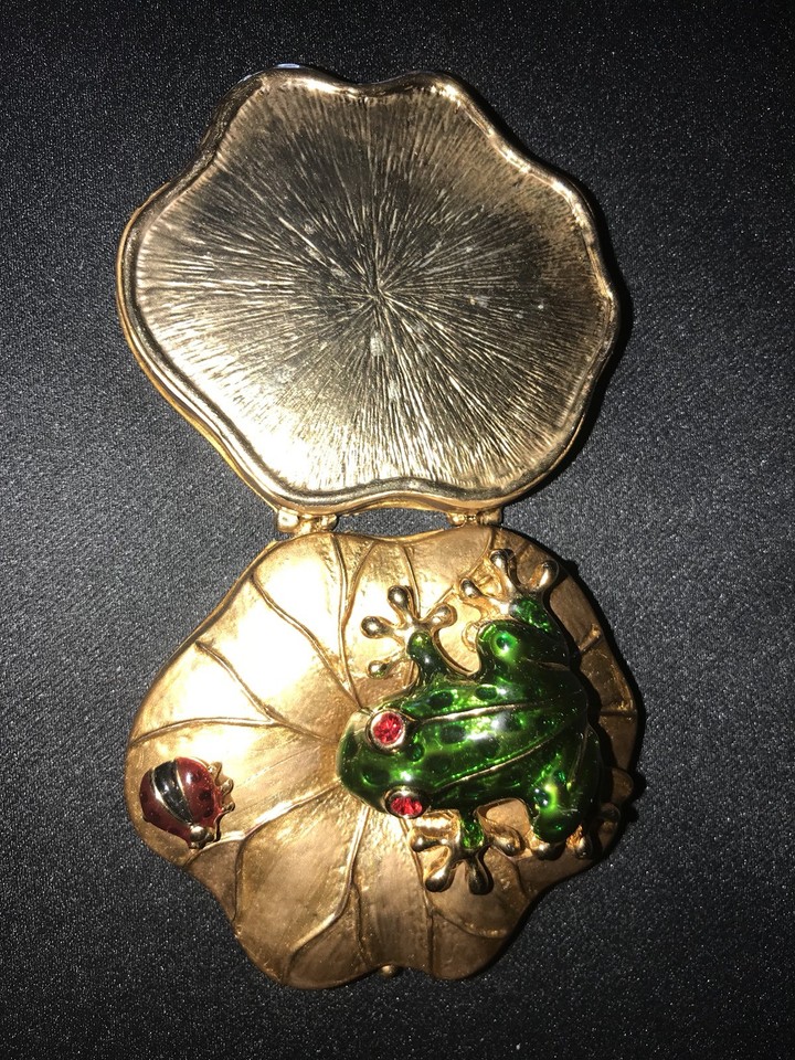 Jeweled Enamel Hinged Trinket Box Frog with Lady Bug on Gold Lily Pad ...