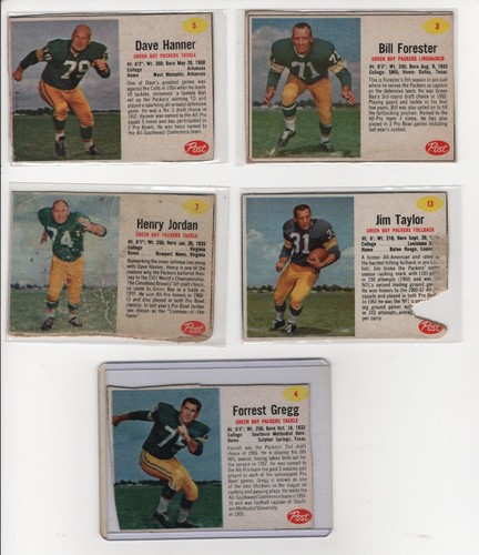 1962 POST FOOTBALL 5 GREEN BAY PACKERS - HANNER, TAYLOR, GREGG, JORDAN ...
