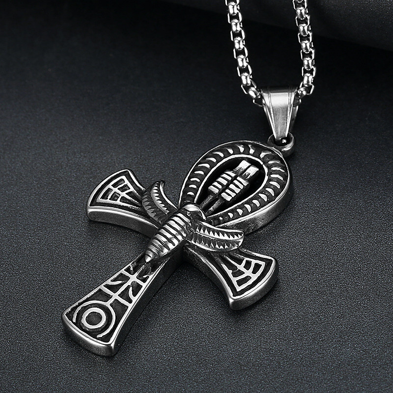 Mens Silver Ankh Jesus Cross Poseidon Trident Pendant Necklace Punk ...